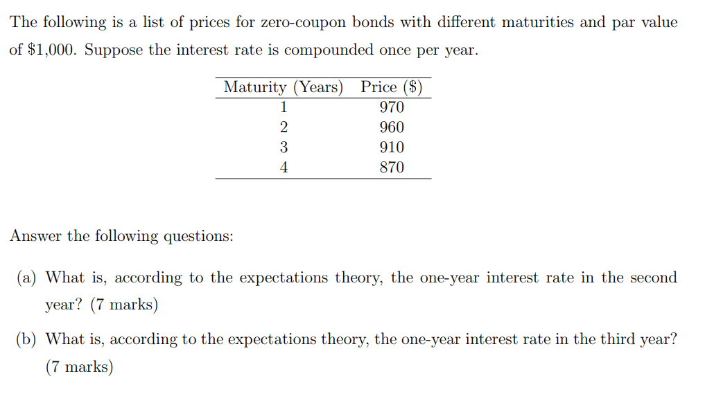 Solved The following is a list of prices for zero-coupon | Chegg.com