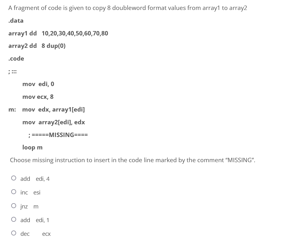 Solved A fragment of code is given to copy 8 doubleword | Chegg.com
