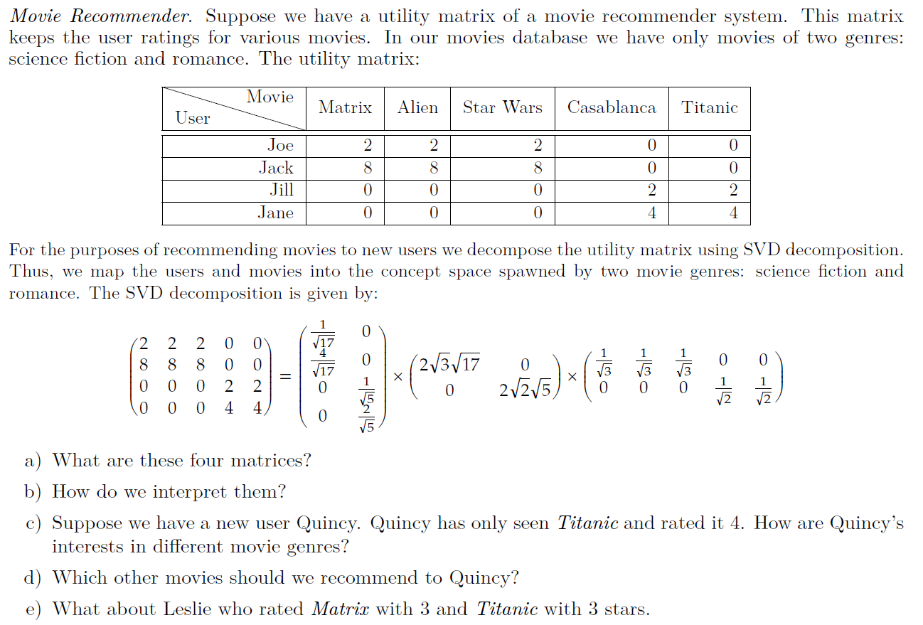 Solved Movie Recommender. Suppose we have a utility matrix | Chegg.com