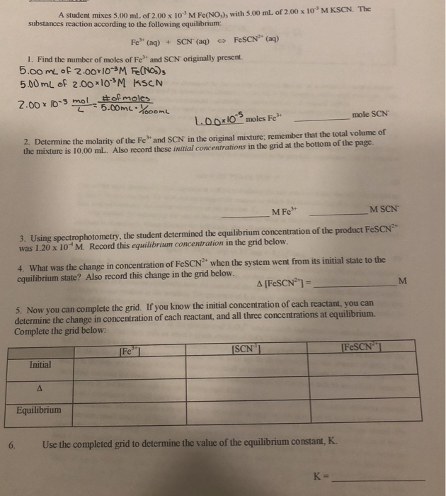Solved A student mixes 5.00 ml of 2.00 x 103 MFe(NO), with | Chegg.com