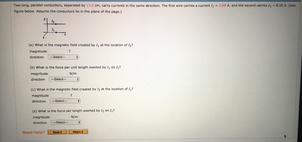 Solved Two long, parallel conductors, separated by 13.0 cm, | Chegg.com