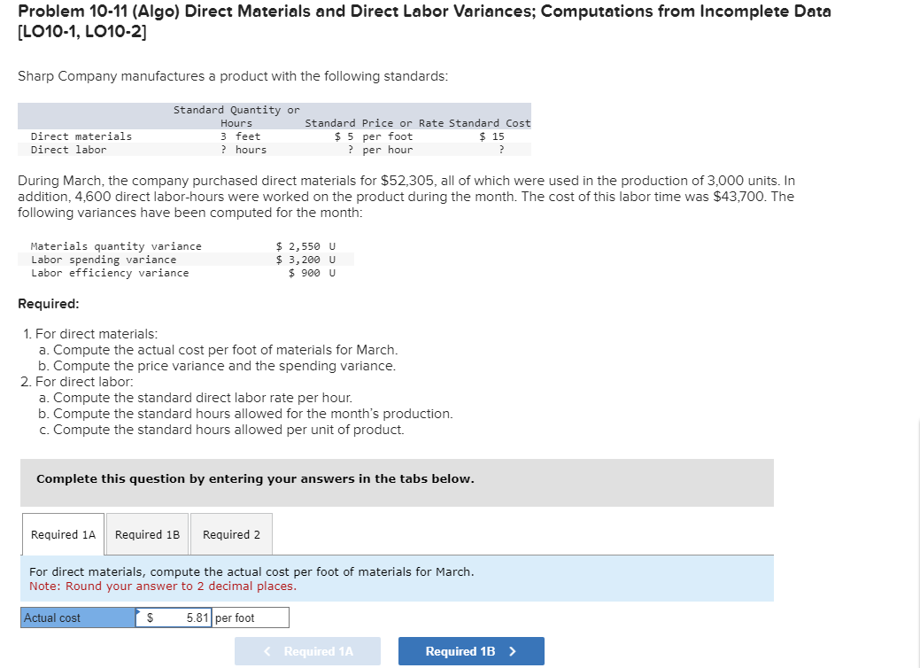 Solved Problem 10-11 (Algo) ﻿Direct Materials and Direct | Chegg.com
