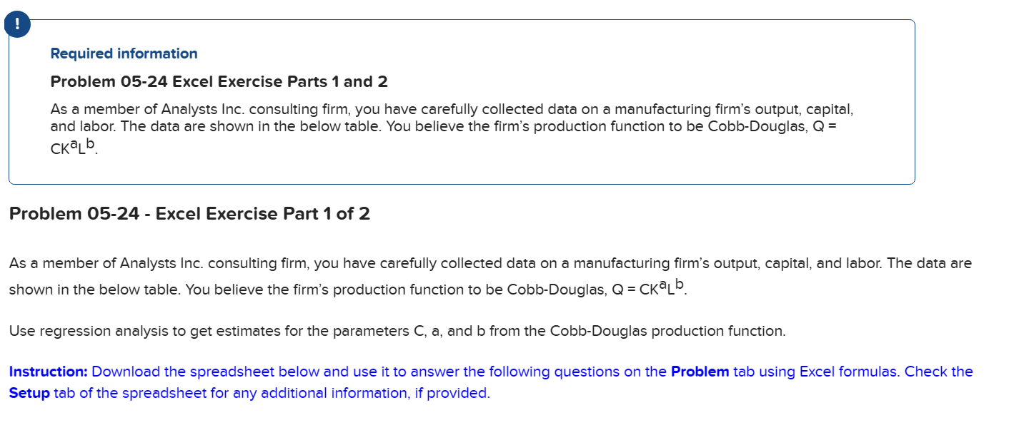 Solved !Required informationProblem 05-24 ﻿Excel Exercise | Chegg.com
