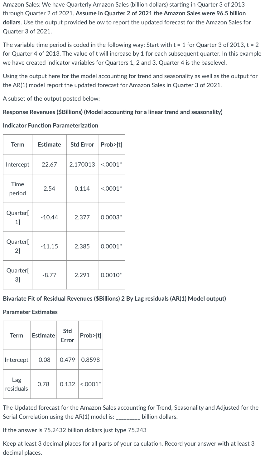 Solved Amazon Sales: We have Quarterly Amazon Sales (billion | Chegg.com