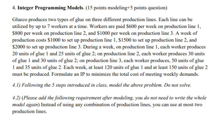 Solved 4. Integer Programming Models. (15 points modeling+5 | Chegg.com