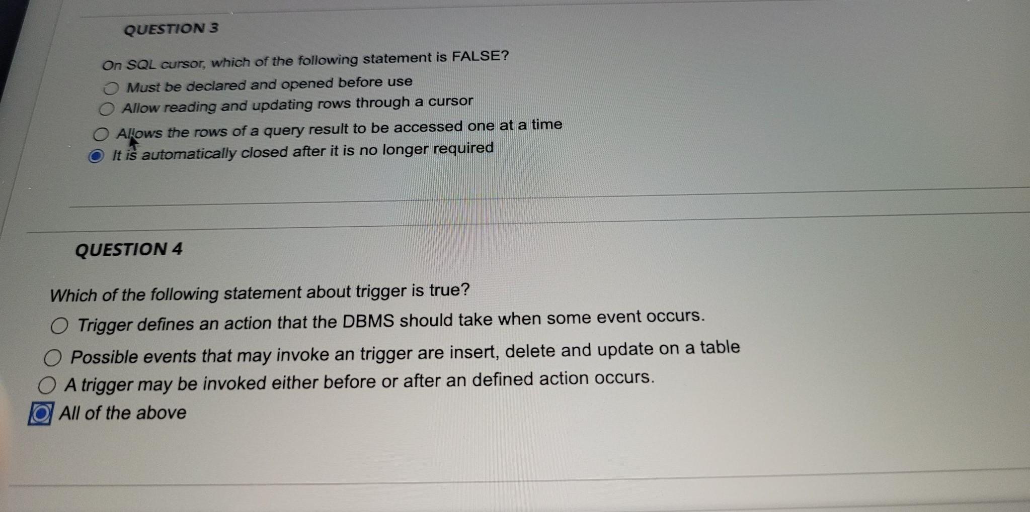Solved QUESTION 3 On SQL cursor, which of the following | Chegg.com