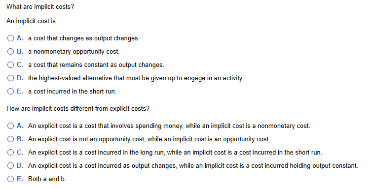 Solved What are implicit costs?An implicit cost isA. ﻿a cost | Chegg.com