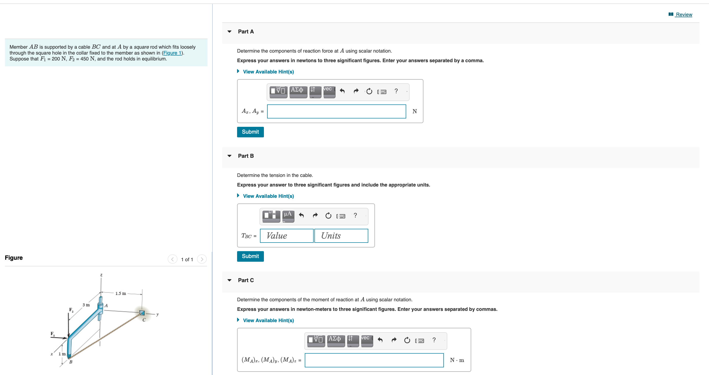 Solved Member AB is supported by a cable BC and at A by a | Chegg.com