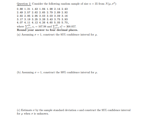 Solved Question 2. Consider the following random sample of | Chegg.com
