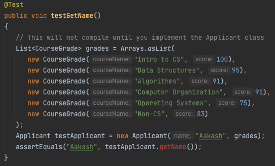 Solved @Test public void testGetName() { // This will not | Chegg.com