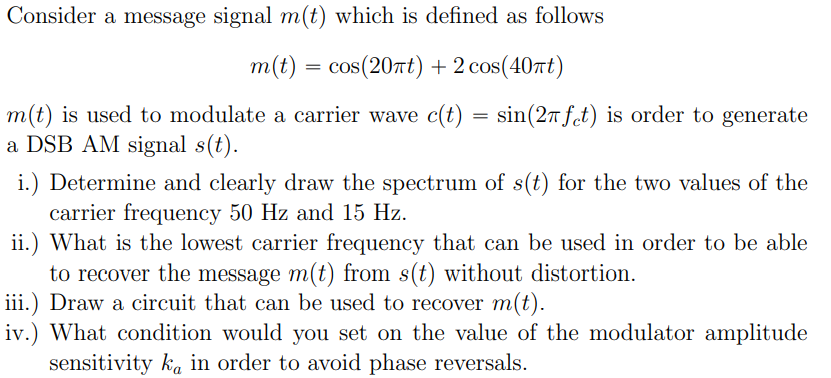 Solved Consider a message signal m(t) which is defined as | Chegg.com