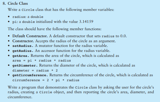 Solved 8. Circle Class Write a circle class that has the | Chegg.com