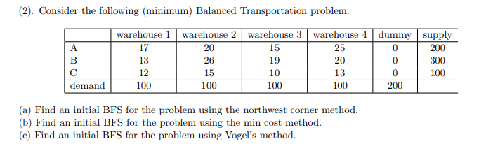 Solved (2). Consider the following (minimum) Balanced | Chegg.com