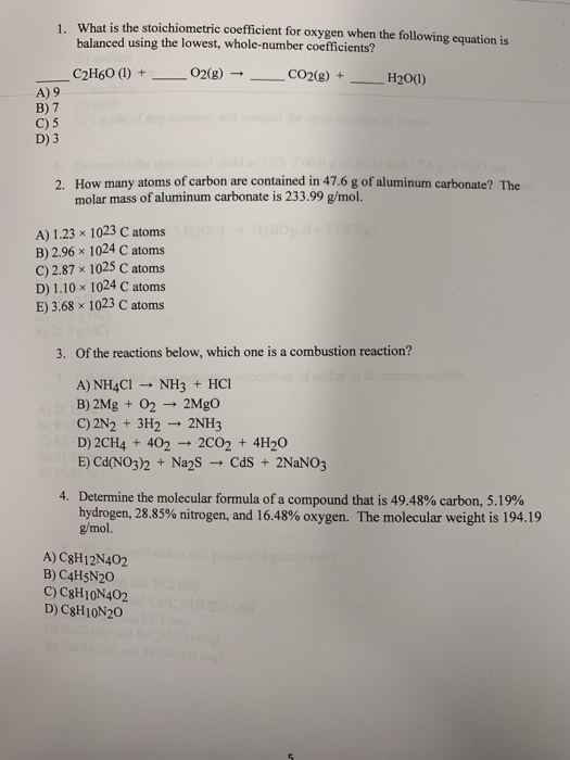 Solved 1. What is the stoichiometric coefficient for oxygen | Chegg.com