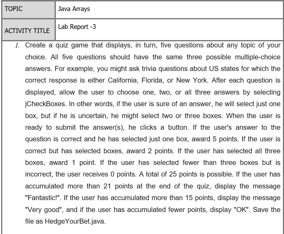 Solved TOPIC Java Arrays Lab Report -3 ACTIVITY TITLE 1. | Chegg.com