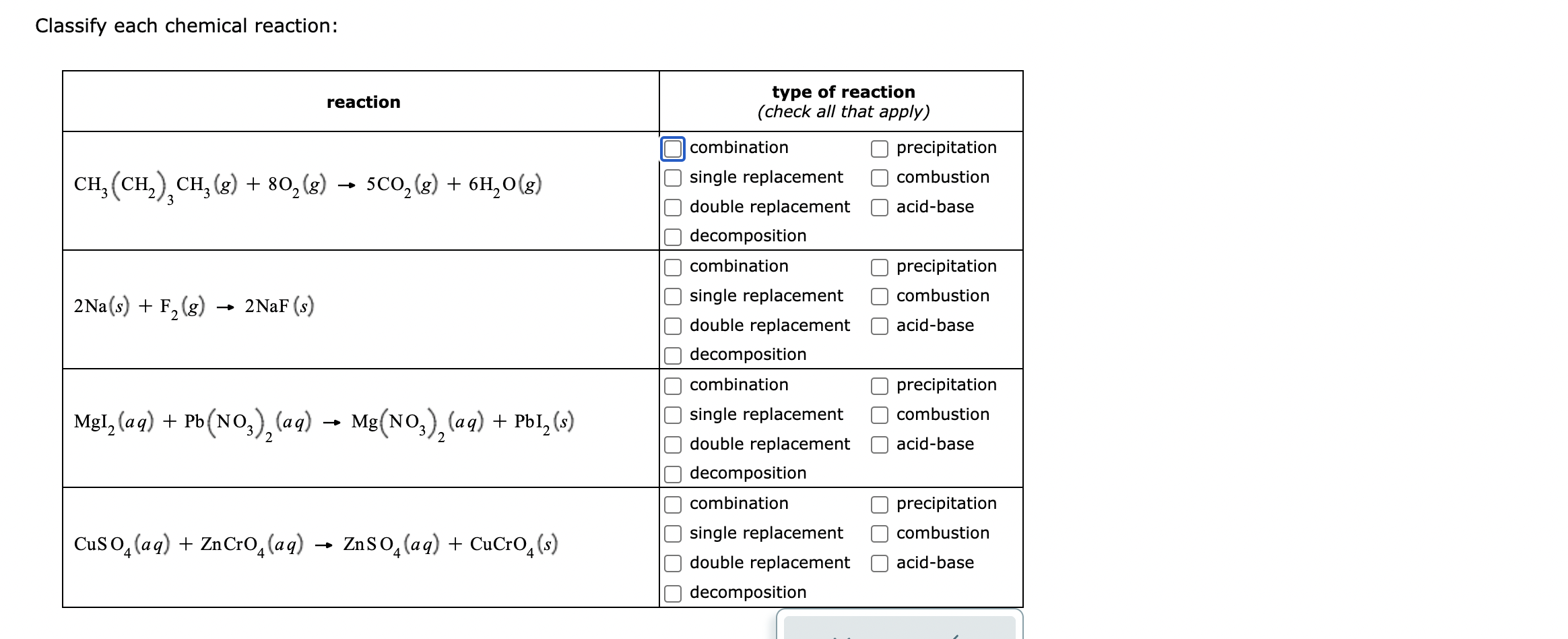 Solved Classify Each Chemical Reaction