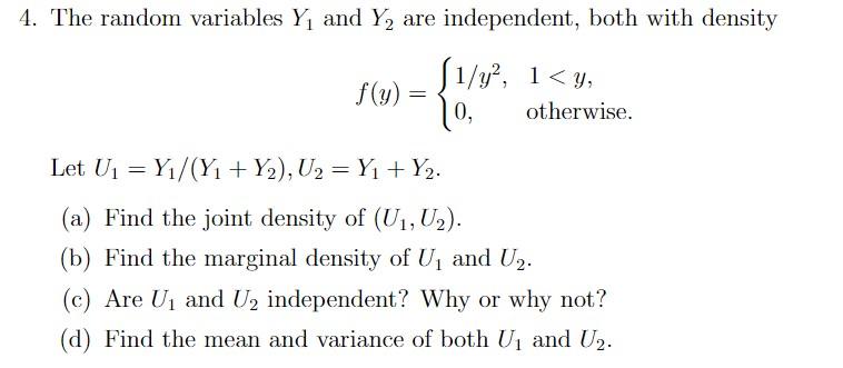 The random variables Y1 and Y2 are independent, both | Chegg.com