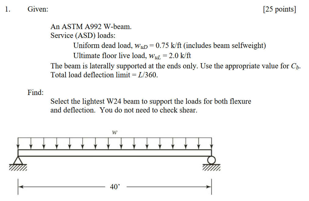 Solved 1. Given: [25 points] An ASTM A992 W-beam. Service | Chegg.com