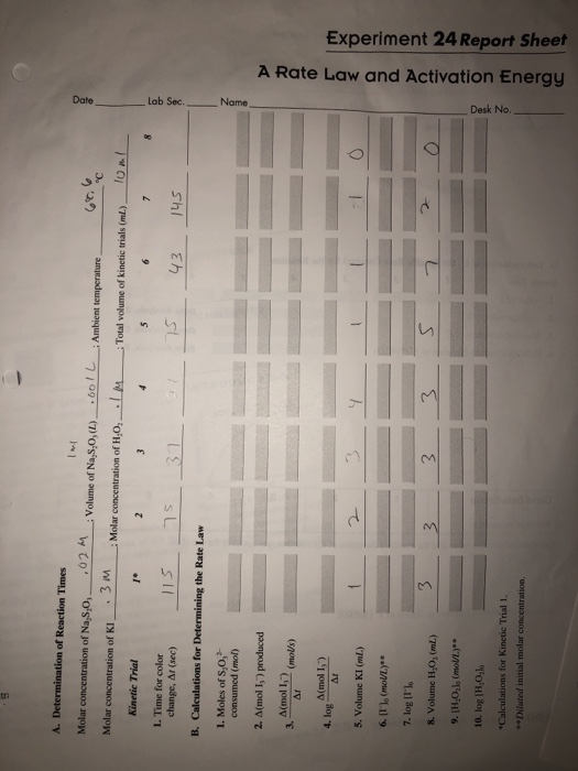 Experiment 24 Report Sheet A Rate Law and Activation | Chegg.com