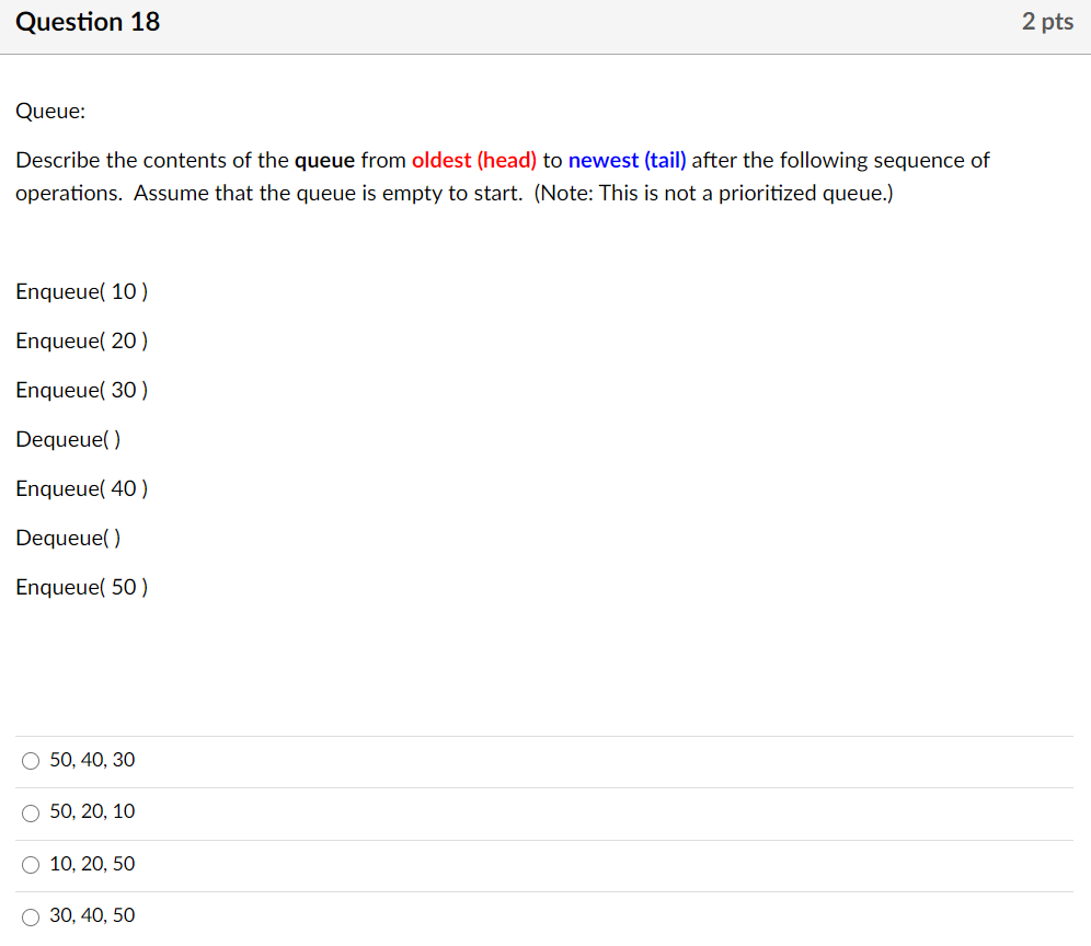 Solved Question 18 2 pts Queue: Describe the contents of the | Chegg.com