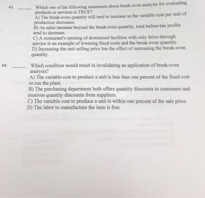 Solved ch one of the following statements about break-even | Chegg.com