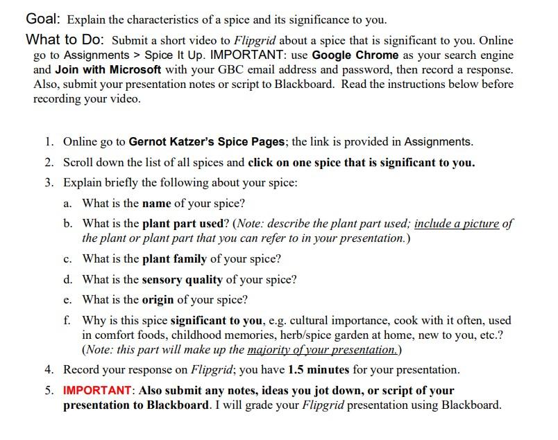 Solved Goal: Explain the characteristics of a spice and its | Chegg.com