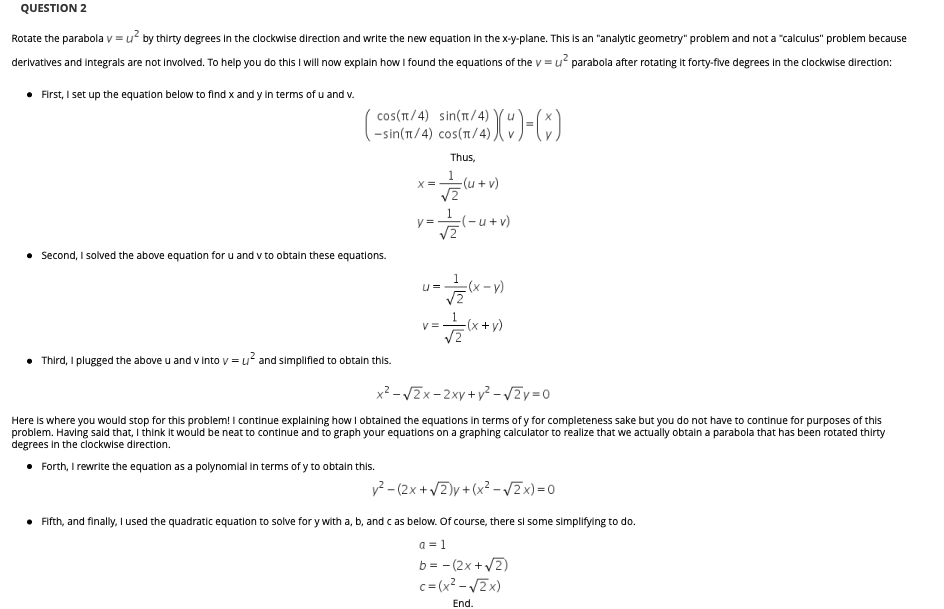Solved QUESTION 2 Rotate the parabola v = u? by thirty | Chegg.com