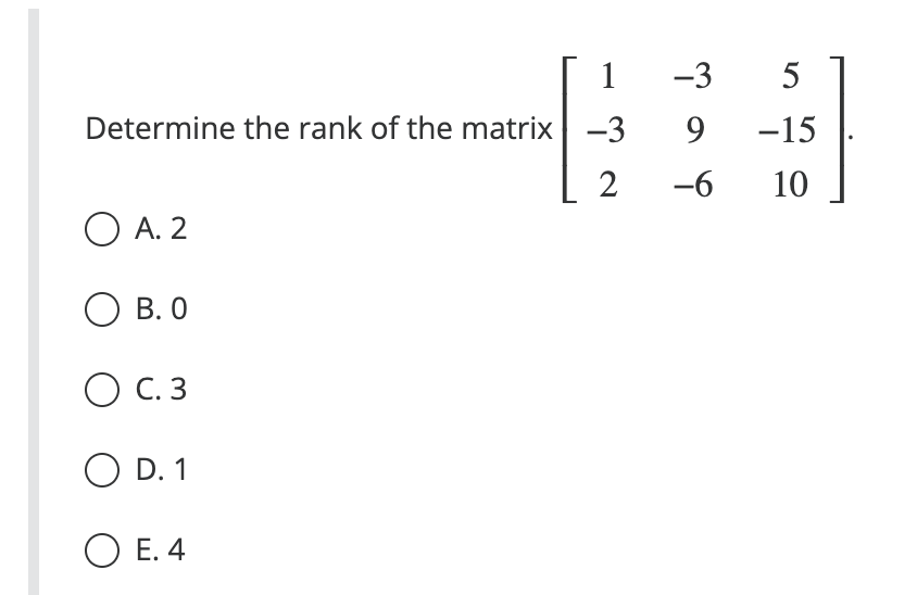 Solved Determine the rank of the matrix ⎣⎡1−32−39−65−1510⎦⎤. | Chegg.com