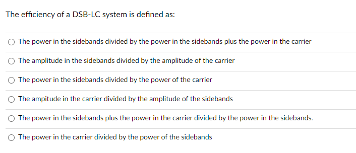 Solved The efficiency of a DSB-LC system is defined as: The | Chegg.com