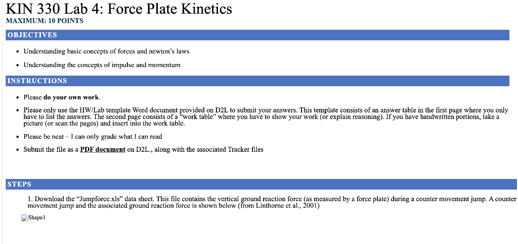 KIN 330 Lab 4: Force Plate Kinetics MAXIMUM: 10 | Chegg.com