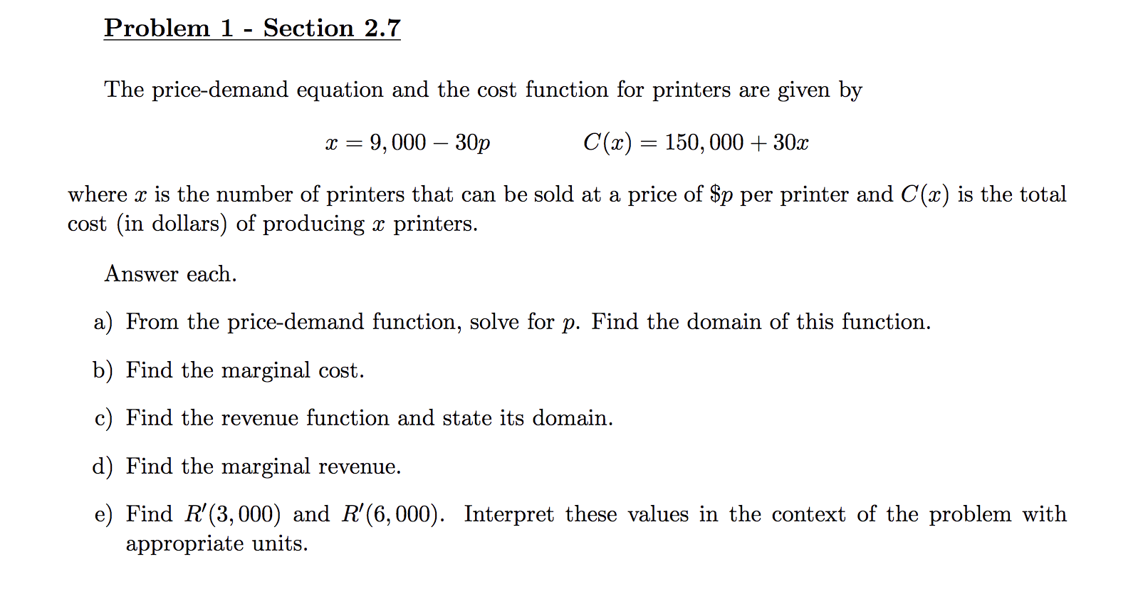 Solved Problem 1 - Section 2.7 The price-demand equation and | Chegg.com