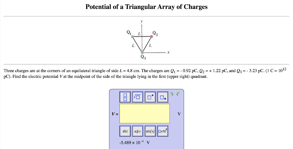Solved Potential of a Triangular Array of Charges Q Q2 t L L | Chegg.com