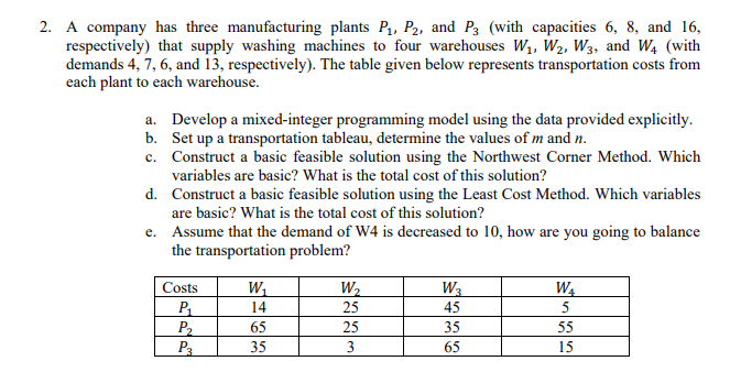 Solved 2. A company has three manufacturing plants P1, P2, | Chegg.com