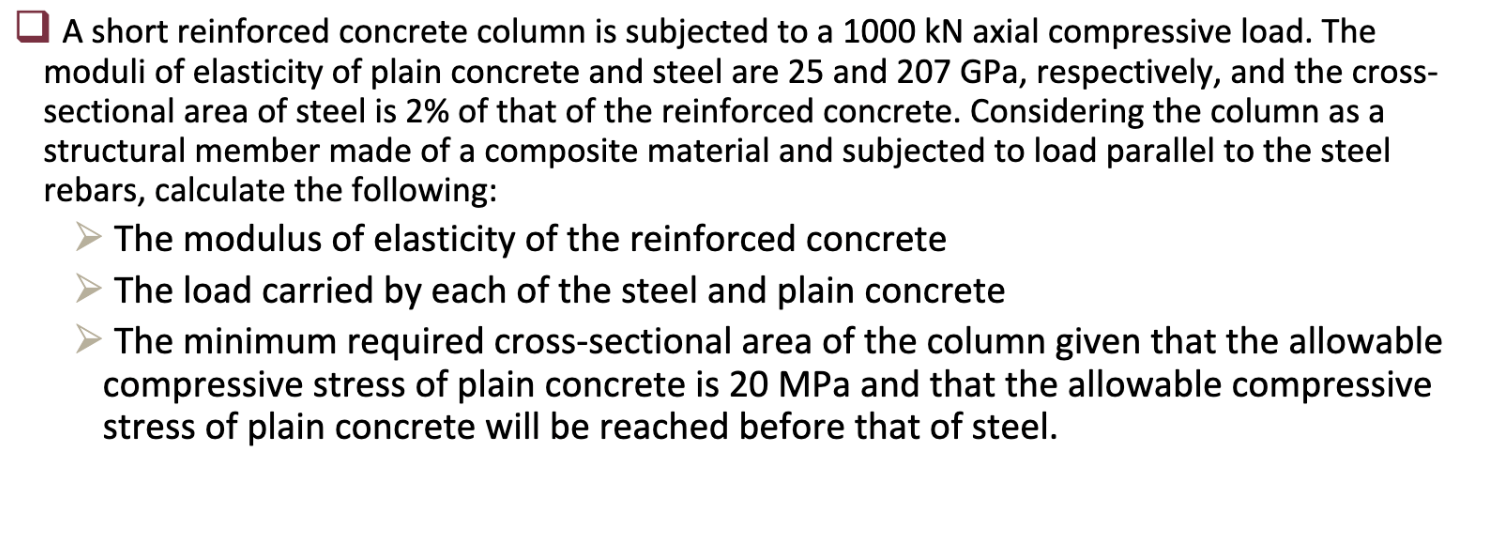 Solved A short reinforced concrete column is subjected to a | Chegg.com