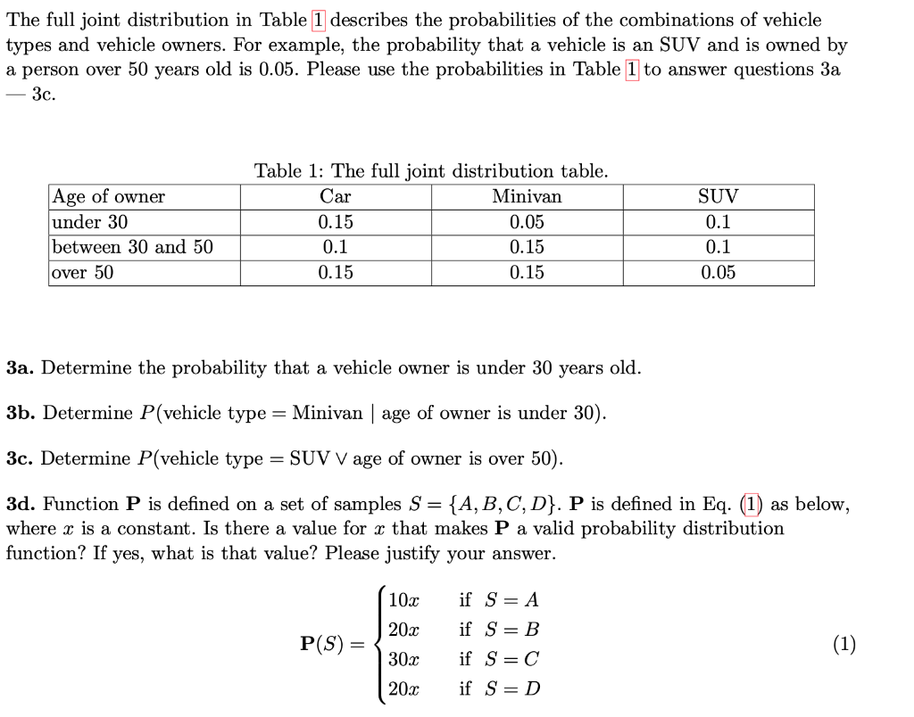 The full joint distribution in Table 1 describes the | Chegg.com