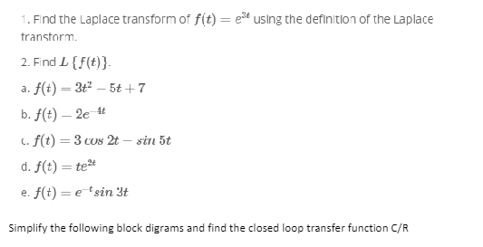 Solved 1. Find the Laplace transform of f(t)=e3t using the | Chegg.com