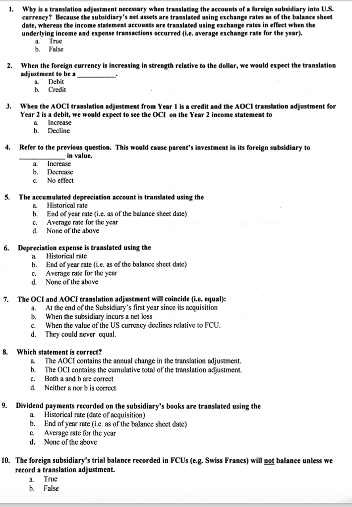 Solved 1. Why is a translation adjustment necessary when | Chegg.com