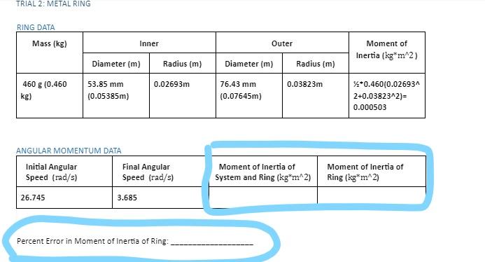 TRIAL 2: METAL RING RING DATA Mass (kg) Inner Outer | Chegg.com
