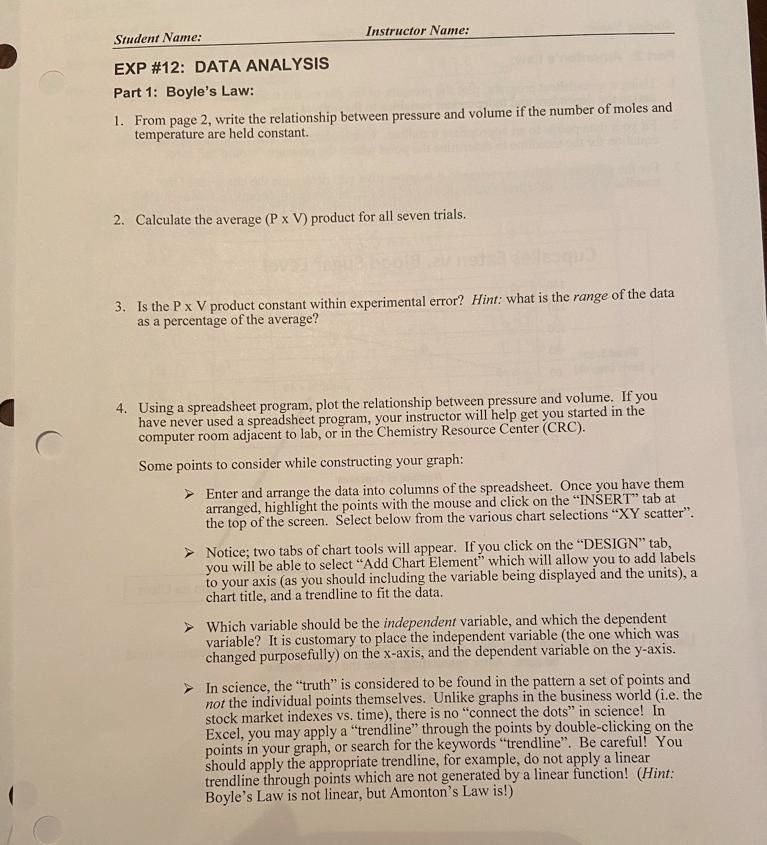 Solved Student Name: Instructor Name: as DATA (EXP #12): | Chegg.com