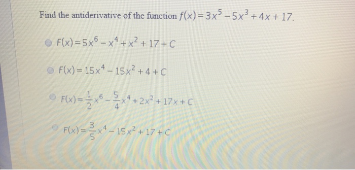 Solved Find the antiderivative of the function f(x)-3x5-5x3 | Chegg.com