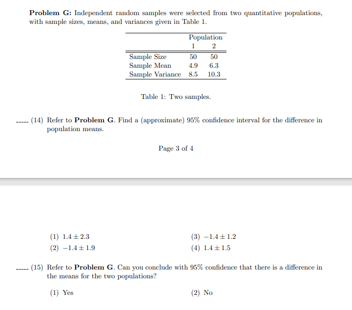 Solved Problem G: Independent random samples were selected | Chegg.com