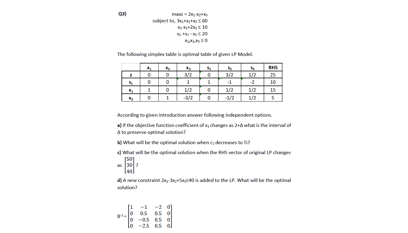 Solved Q3) maxz=2x1−x2+x3 subject to, | Chegg.com