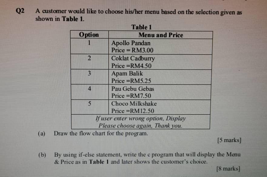Solved Q2 2. A customer would like to choose his/her menu | Chegg.com