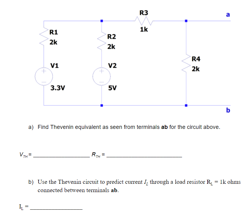 Solved a R3 M 1k R1 2k R2 2k V1 V2 R4 2k 3.3V 5V b a) Find | Chegg.com