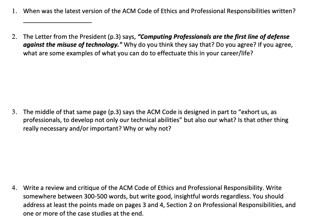 Solved 1. When was the latest version of the ACM Code of | Chegg.com