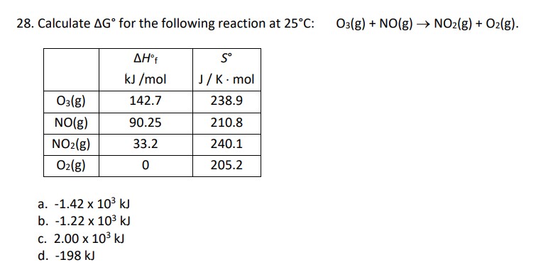 [Solved]: 28. Calculate G for the following reaction at 25C