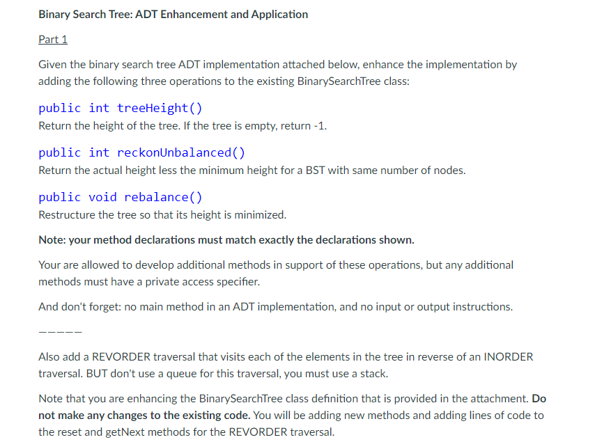 Solved Binary Search Tree: ADT Enhancement and Application | Chegg.com