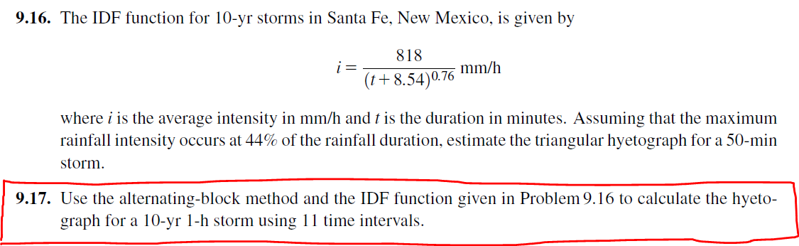Solved 9.16. The IDF function for 10−yr storms in Santa Fe, | Chegg.com