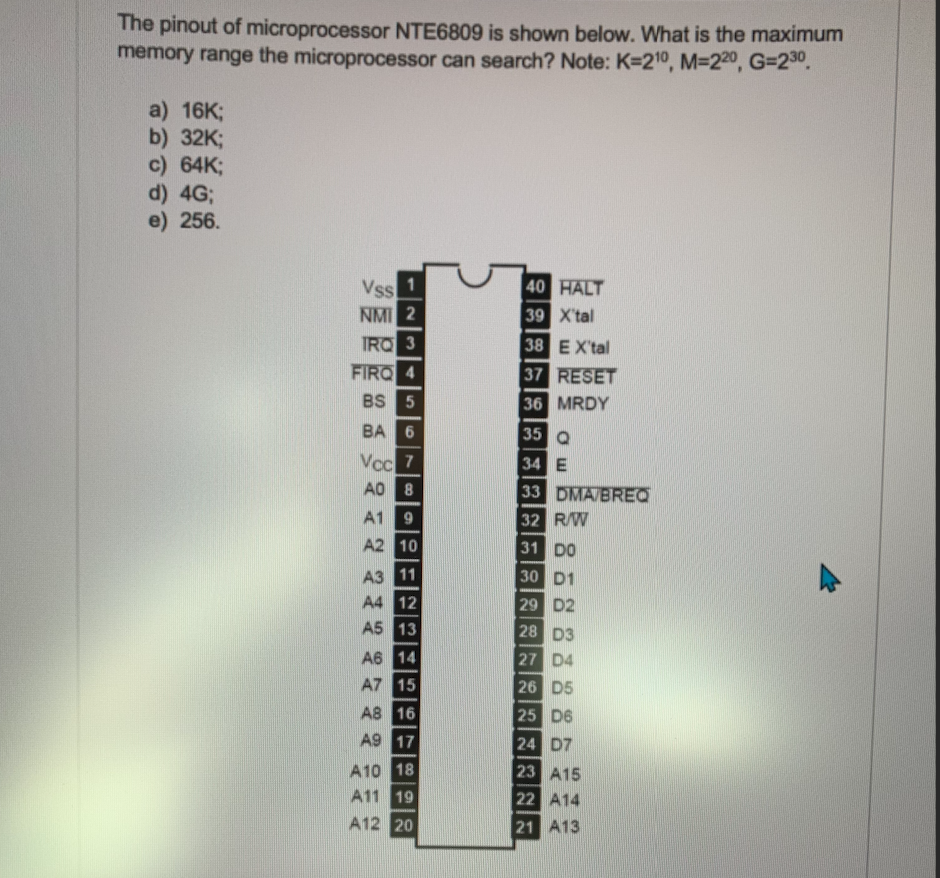 Solved The pinout of microprocessor NTE6809 is shown below. | Chegg.com