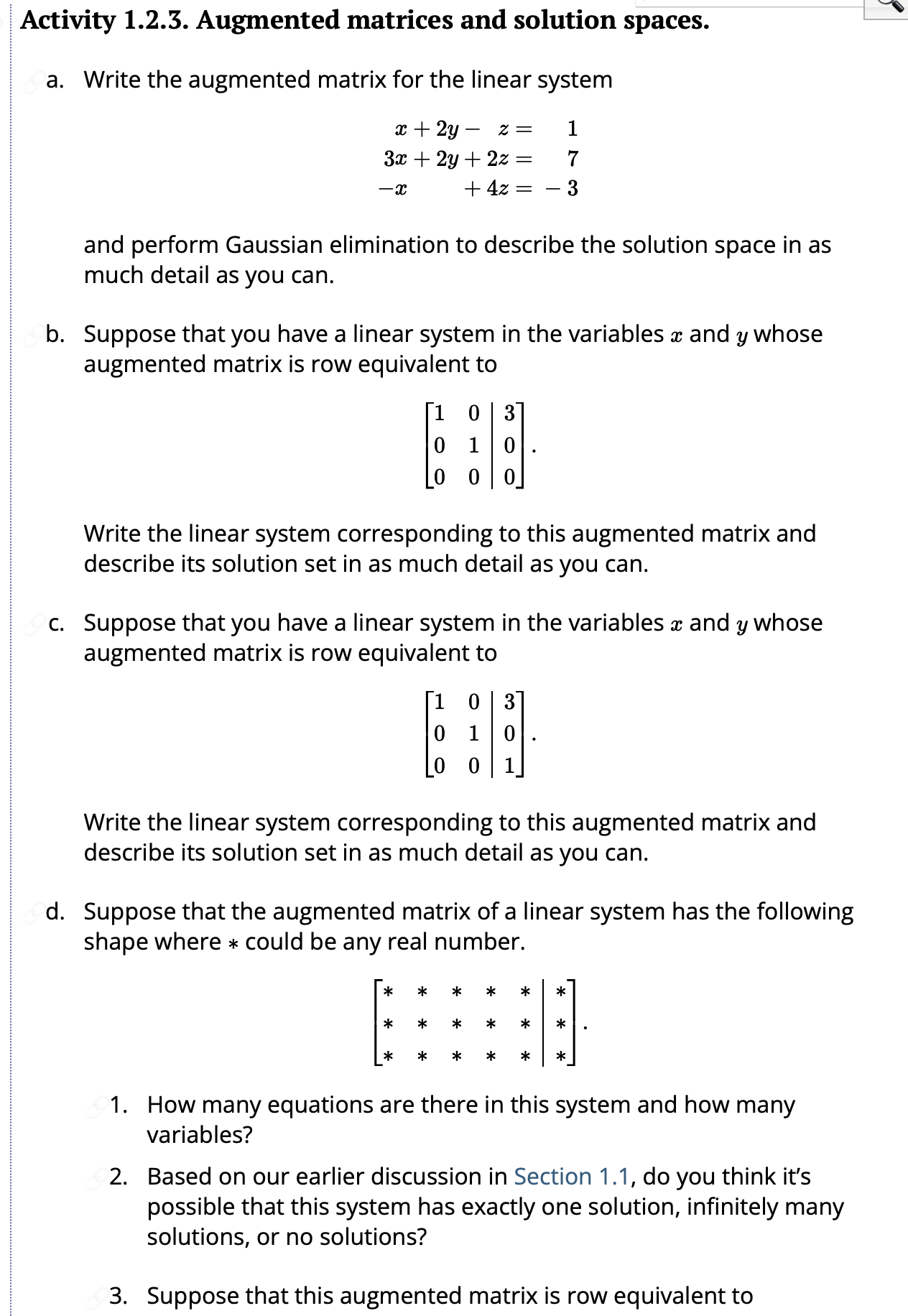 Activity 1.2.3. ﻿Augmented matrices and solution | Chegg.com
